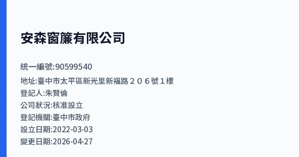 安森窗簾有限公司的照片-統編 90599540(臺中市) 公司登記資料與營業項目詳細圖表