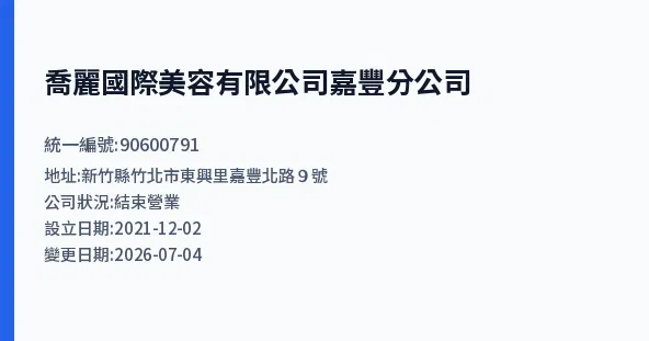 喬麗國際美容有限公司嘉豐分公司的照片-統編 90600791(新竹縣) 公司登記資料與營業項目詳細圖表