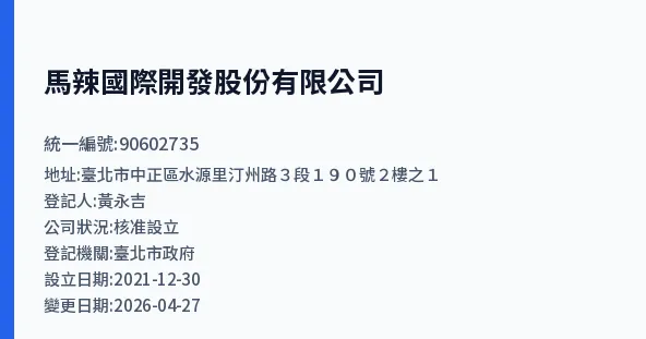 馬辣國際開發股份有限公司的照片-統編 90602735(臺北市) 公司登記資料與營業項目詳細圖表