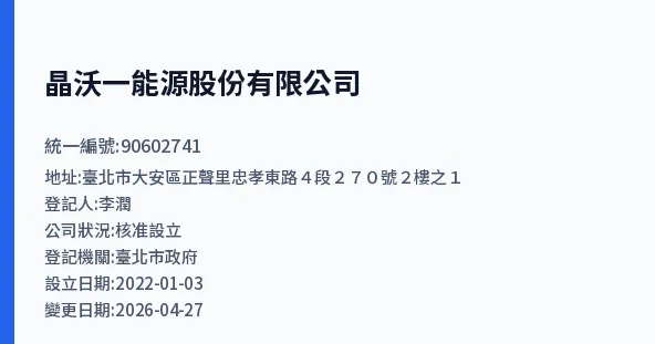 晶沃一能源股份有限公司的照片-統編 90602741(臺北市) 公司登記資料與營業項目詳細圖表