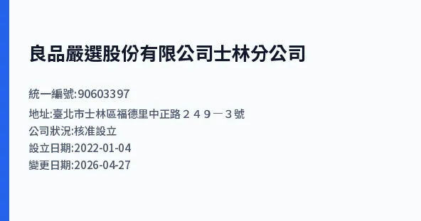 良品嚴選股份有限公司士林分公司的照片-統編 90603397(臺北市) 公司登記資料與營業項目詳細圖表