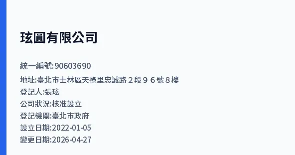 玹圓有限公司的照片-統編 90603690(臺北市) 公司登記資料與營業項目詳細圖表