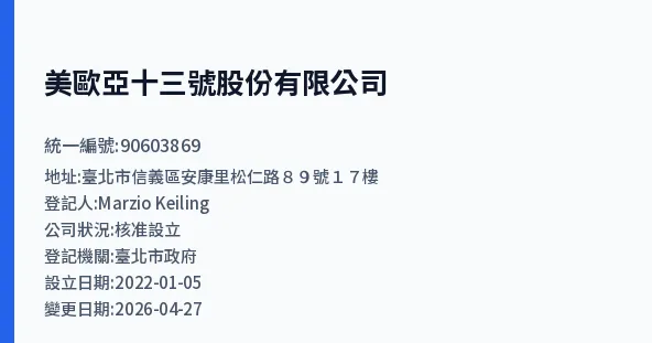 美歐亞十三號股份有限公司的照片-統編 90603869(臺北市) 公司登記資料與營業項目詳細圖表