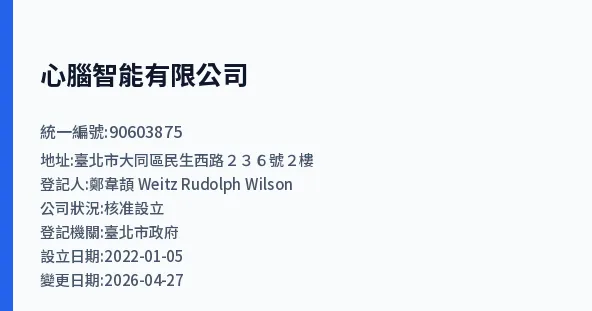 心腦智能有限公司的照片-統編 90603875(臺北市) 公司登記資料與營業項目詳細圖表