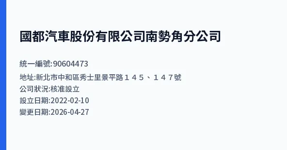 國都汽車股份有限公司南勢角分公司的照片-統編 90604473(新北市) 公司登記資料與營業項目詳細圖表