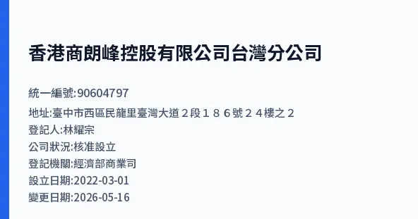 香港商朗峰控股有限公司台灣分公司的照片-統編 90604797(臺中市) 公司登記資料與營業項目詳細圖表