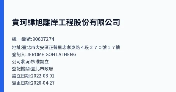 賁珂緯旭離岸工程股份有限公司的照片-統編 90607274(臺北市) 公司登記資料與營業項目詳細圖表