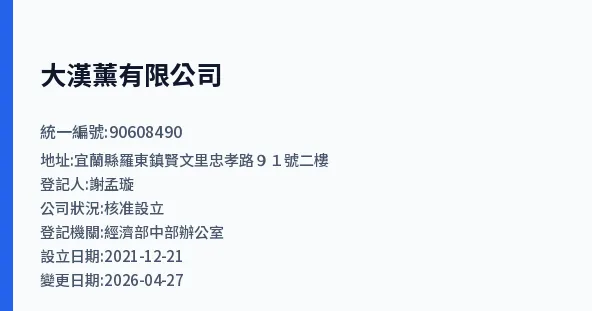 大漢薰有限公司的照片-統編 90608490(宜蘭縣) 公司登記資料與營業項目詳細圖表