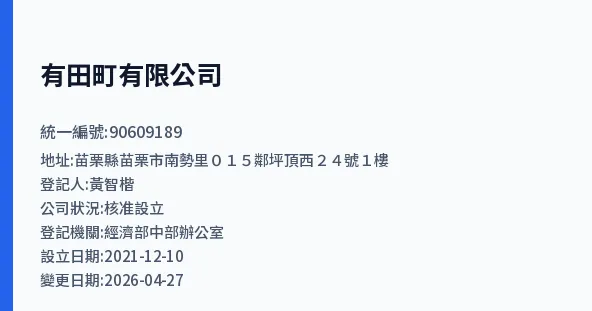 有田町有限公司的照片-統編 90609189(苗栗縣) 公司登記資料與營業項目詳細圖表
