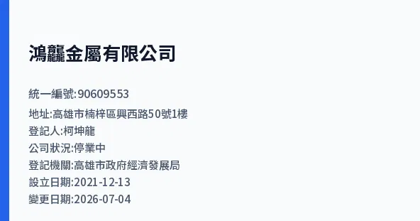 鴻龘金屬有限公司的照片-統編 90609553(高雄市) 公司登記資料與營業項目詳細圖表