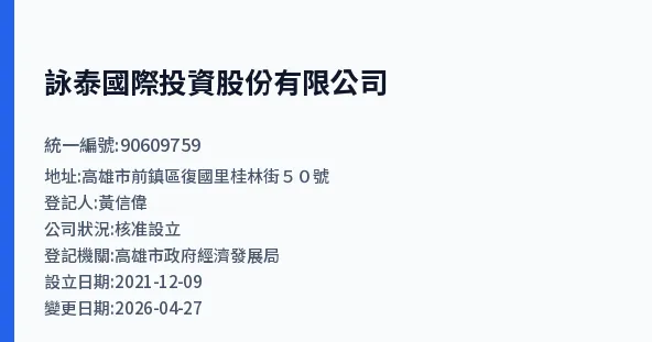 詠泰國際投資股份有限公司的照片-統編 90609759(高雄市) 公司登記資料與營業項目詳細圖表
