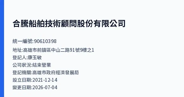 合騰船舶技術顧問股份有限公司的照片-統編 90610398(高雄市) 公司登記資料與營業項目詳細圖表