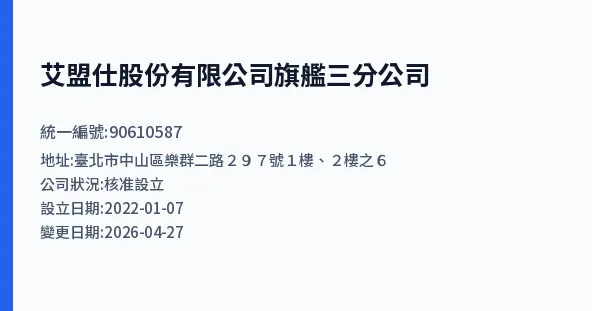 艾盟仕股份有限公司旗艦三分公司的照片-統編 90610587(臺北市) 公司登記資料與營業項目詳細圖表
