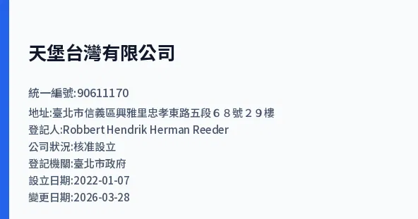 天堡台灣有限公司的照片-統編 90611170(臺北市) 公司登記資料與營業項目詳細圖表