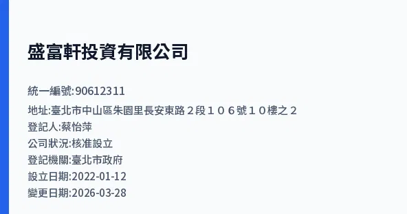 盛富軒投資有限公司的照片-統編 90612311(臺北市) 公司登記資料與營業項目詳細圖表