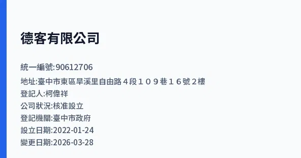德客有限公司的照片-統編 90612706(臺中市) 公司登記資料與營業項目詳細圖表
