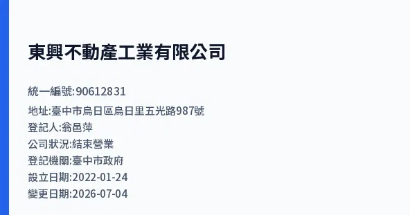 東興不動產工業有限公司的照片-統編 90612831(臺中市) 公司登記資料與營業項目詳細圖表