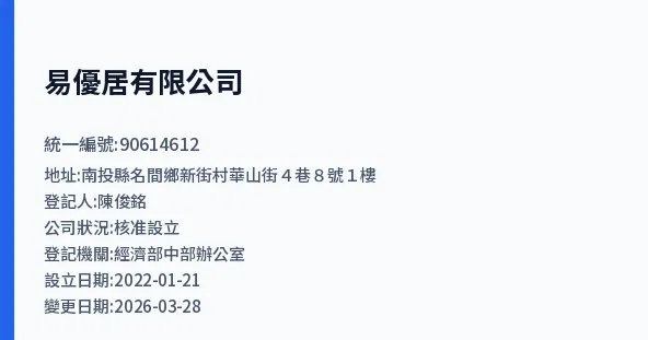易優居有限公司的照片-統編 90614612(南投縣) 公司登記資料與營業項目詳細圖表