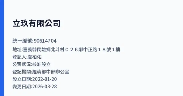 立玖有限公司的照片-統編 90614704(嘉義縣) 公司登記資料與營業項目詳細圖表