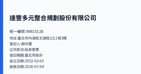 達豐多元整合規劃股份有限公司的照片-統編 90615128(臺北市) 公司登記資料與營業項目詳細圖表