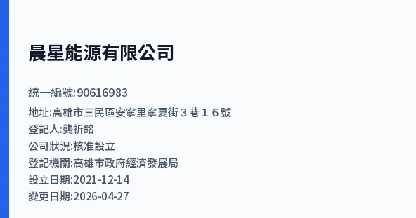 晨星能源有限公司的照片-統編 90616983(高雄市) 公司登記資料與營業項目詳細圖表