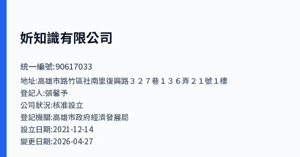 妡知識有限公司的照片-統編 90617033(高雄市) 公司登記資料與營業項目詳細圖表