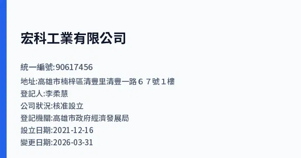宏科工業有限公司的照片-統編 90617456(高雄市) 公司登記資料與營業項目詳細圖表