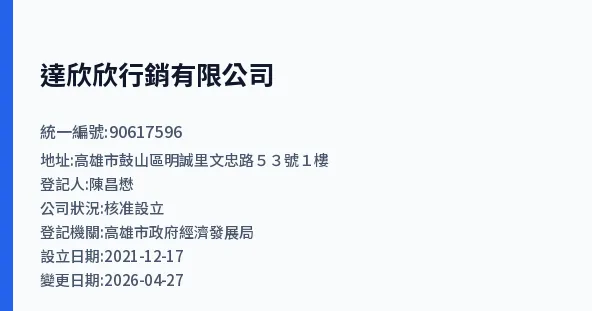 達欣欣行銷有限公司的照片-統編 90617596(高雄市) 公司登記資料與營業項目詳細圖表