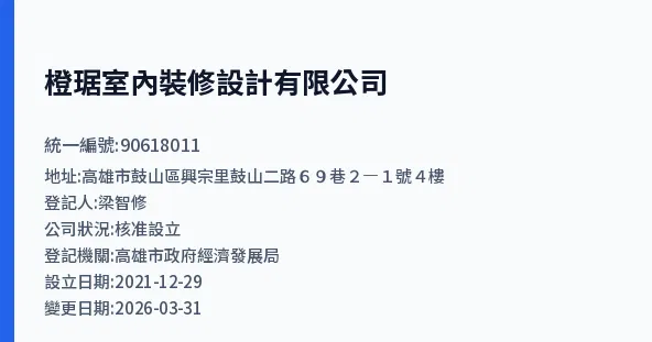 橙琚室內裝修設計有限公司的照片-統編 90618011(高雄市) 公司登記資料與營業項目詳細圖表