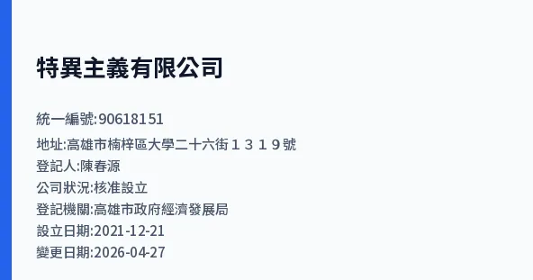 特異主義有限公司的照片-統編 90618151(高雄市) 公司登記資料與營業項目詳細圖表