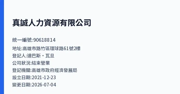 真誠人力資源有限公司的照片-統編 90618814(高雄市) 公司登記資料與營業項目詳細圖表