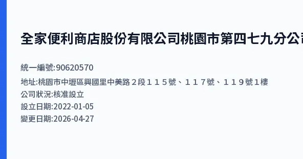 全家便利商店股份有限公司桃園市第四七九分公司的照片-統編 90620570(桃園市) 公司登記資料與營業項目詳細圖表