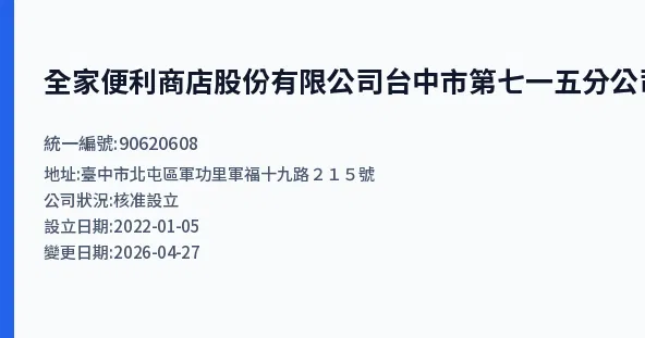 全家便利商店股份有限公司台中市第七一五分公司的照片-統編 90620608(臺中市) 公司登記資料與營業項目詳細圖表