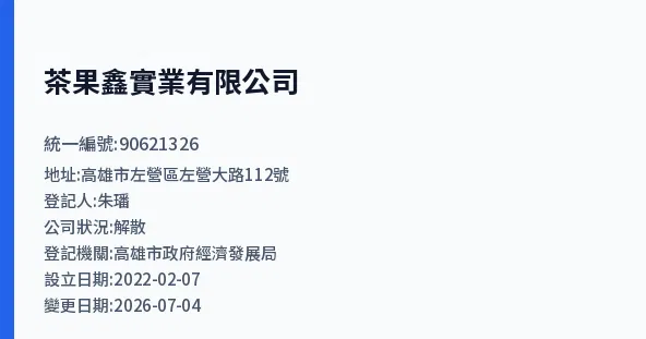 茶果鑫實業有限公司的照片-統編 90621326(高雄市) 公司登記資料與營業項目詳細圖表
