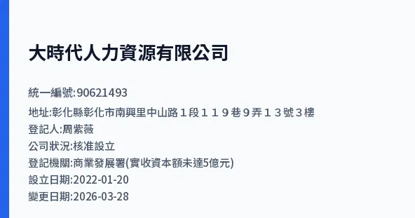大時代人力資源有限公司的照片-統編 90621493(彰化縣) 公司登記資料與營業項目詳細圖表