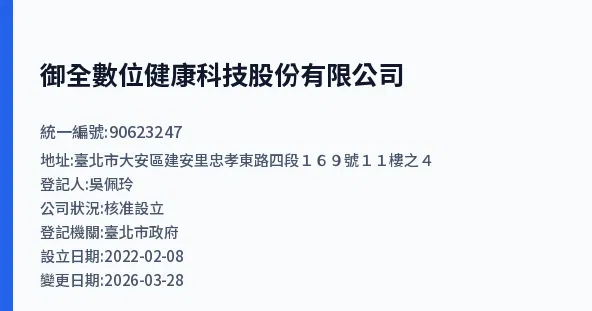 御全數位健康科技股份有限公司的照片-統編 90623247(臺北市) 公司登記資料與營業項目詳細圖表
