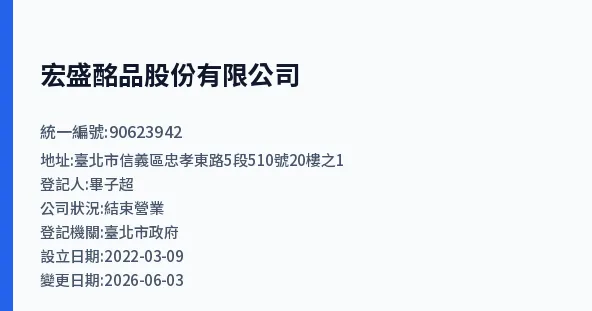 宏盛酩品股份有限公司的照片-統編 90623942(臺北市) 公司登記資料與營業項目詳細圖表