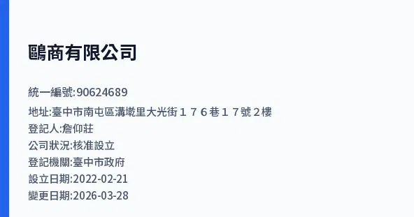 鷗商有限公司的照片-統編 90624689(臺中市) 公司登記資料與營業項目詳細圖表
