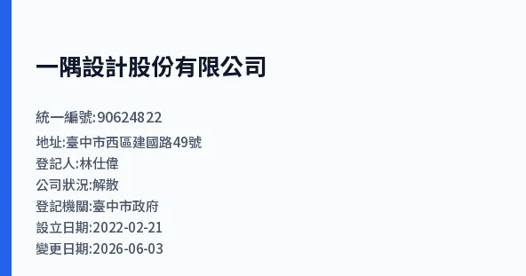 一隅設計股份有限公司的照片-統編 90624822(臺中市) 公司登記資料與營業項目詳細圖表