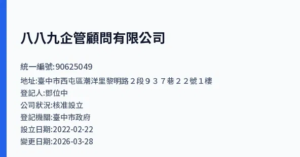 八八九企管顧問有限公司的照片-統編 90625049(臺中市) 公司登記資料與營業項目詳細圖表