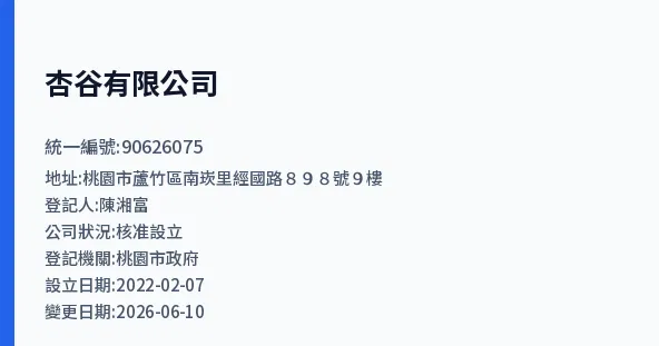 杏谷有限公司的照片-統編 90626075(桃園市) 公司登記資料與營業項目詳細圖表