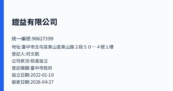 鎧益有限公司的照片-統編 90627399(臺中市) 公司登記資料與營業項目詳細圖表