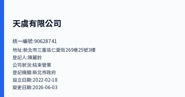 天虞有限公司的照片-統編 90628741(新北市) 公司登記資料與營業項目詳細圖表