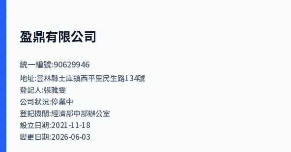 盈鼎有限公司的照片-統編 90629946(雲林縣) 公司登記資料與營業項目詳細圖表