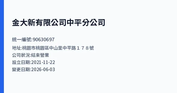 金大新有限公司中平分公司的照片-統編 90630697(桃園市) 公司登記資料與營業項目詳細圖表