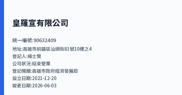皇羅宣有限公司的照片-統編 90632409(高雄市) 公司登記資料與營業項目詳細圖表
