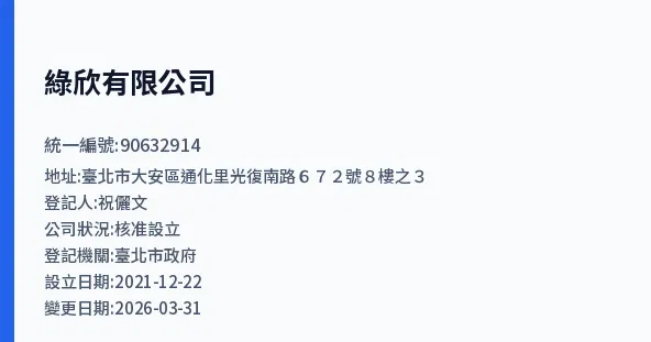 綠欣有限公司的照片-統編 90632914(臺北市) 公司登記資料與營業項目詳細圖表