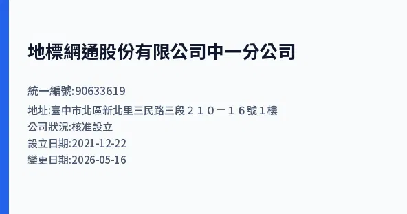地標網通股份有限公司中一分公司的照片-統編 90633619(臺中市) 公司登記資料與營業項目詳細圖表