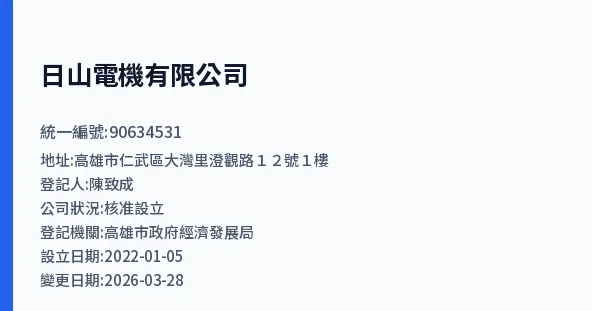 日山電機有限公司的照片-統編 90634531(高雄市) 公司登記資料與營業項目詳細圖表