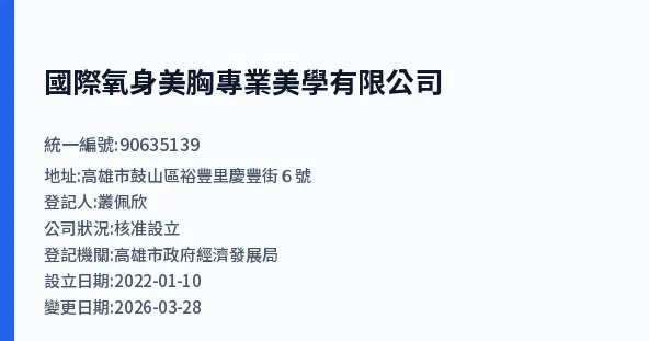 國際氧身美胸專業美學有限公司的照片-統編 90635139(高雄市) 公司登記資料與營業項目詳細圖表